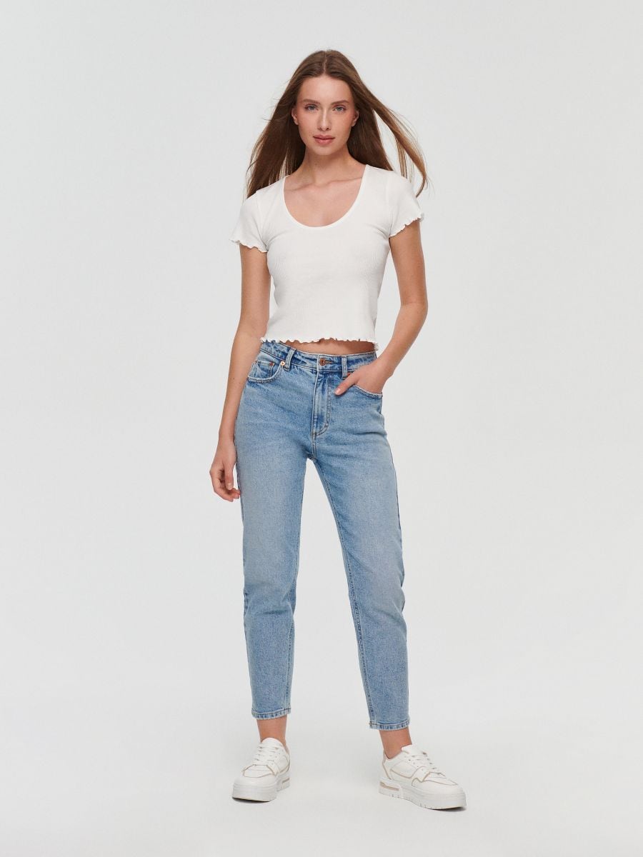 Jasnoniebieskie jeansy mom fit z efektem sprania - HOUSE - 6981W-55J